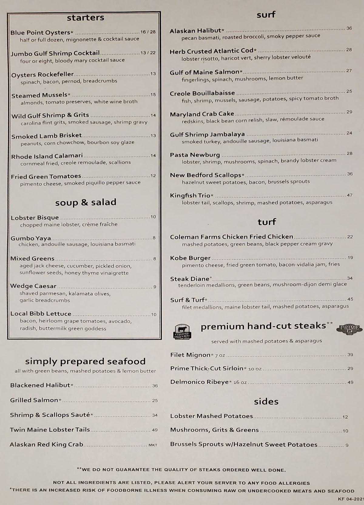 Menu at Kingfish restaurant, Montrose-Ghent