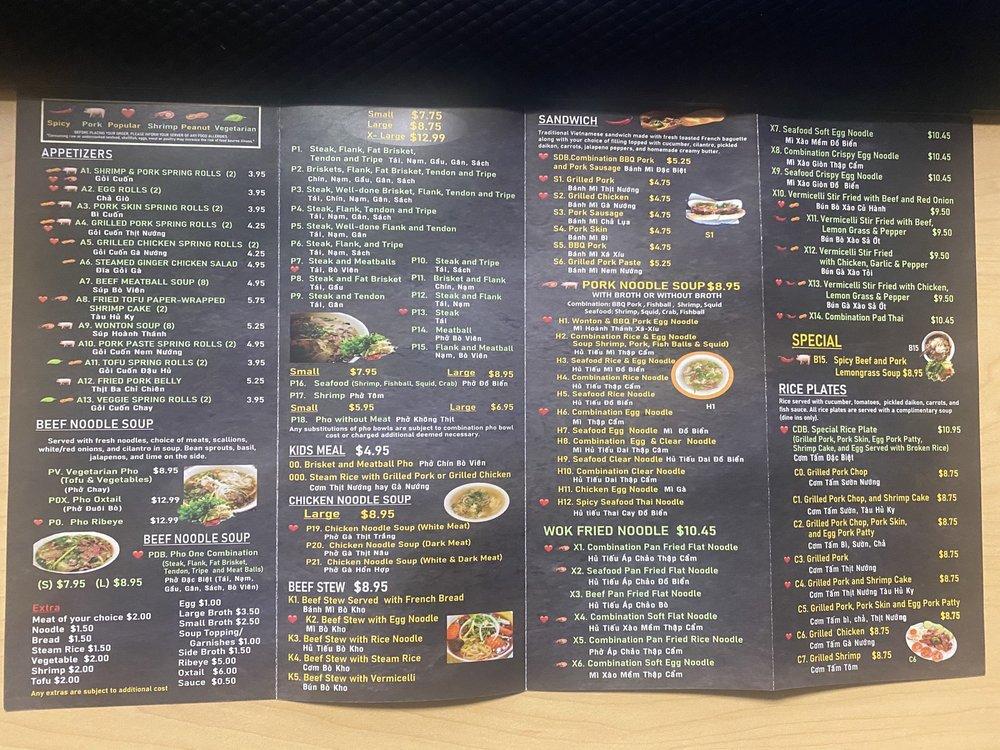 Menu at Pho One restaurant, Hurst