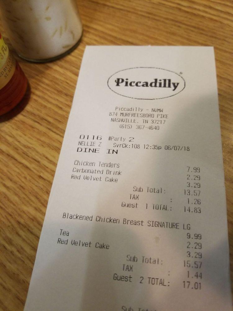 Menu at Piccadilly Cafeteria, Nashville, 874 Murfreesboro Pike