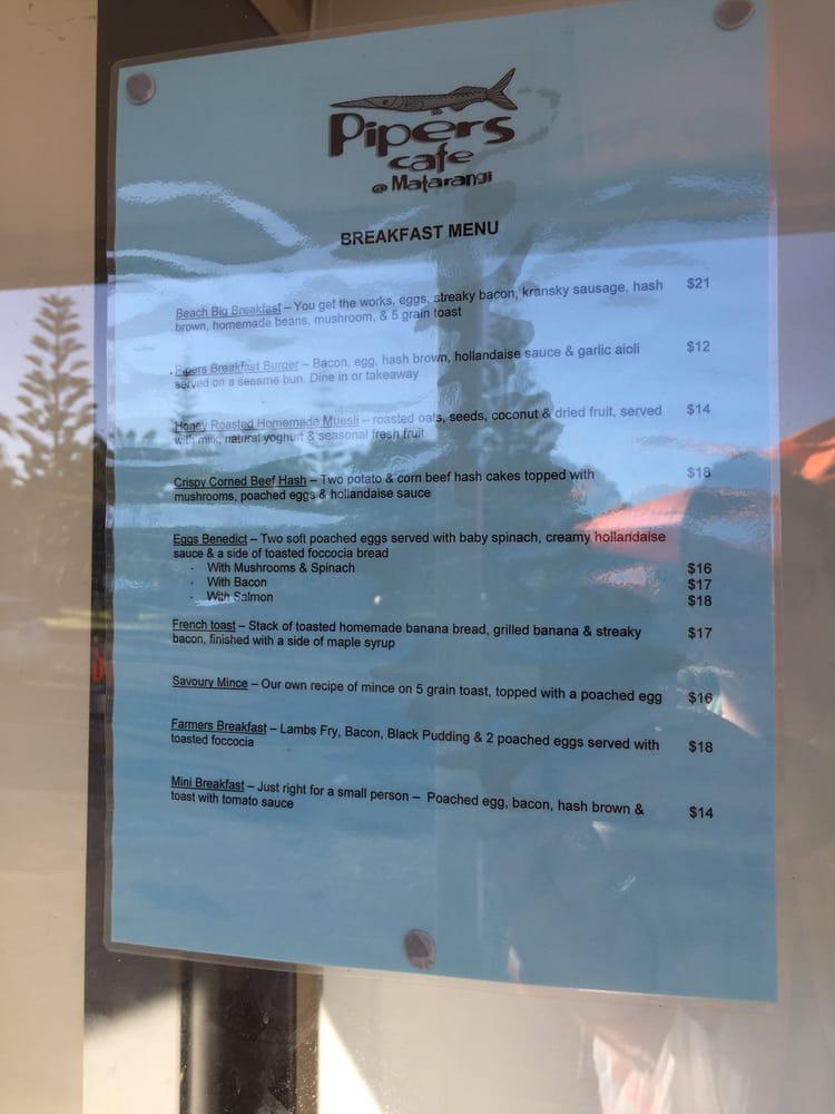 Menu at Pipers Cafe, Matarangi