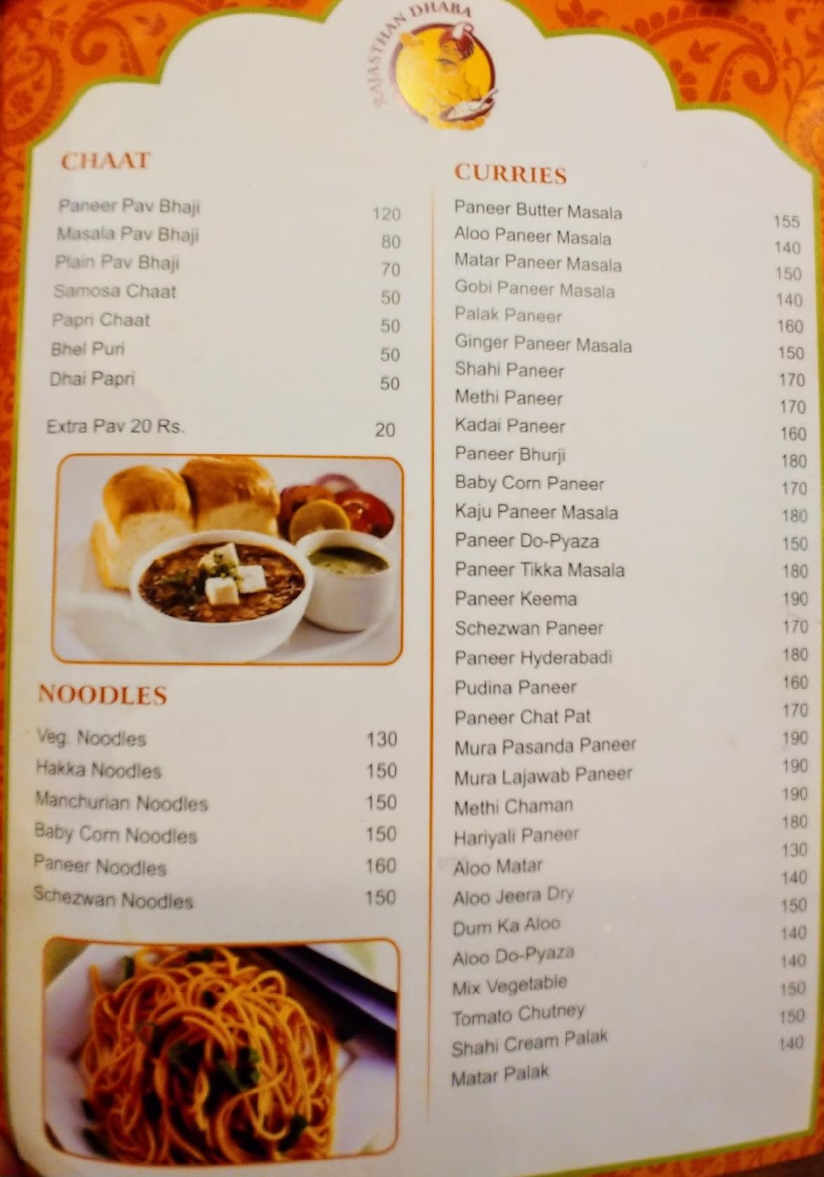 Menu at Rajasthan Dhaba, Hyderabad, 6-10-413