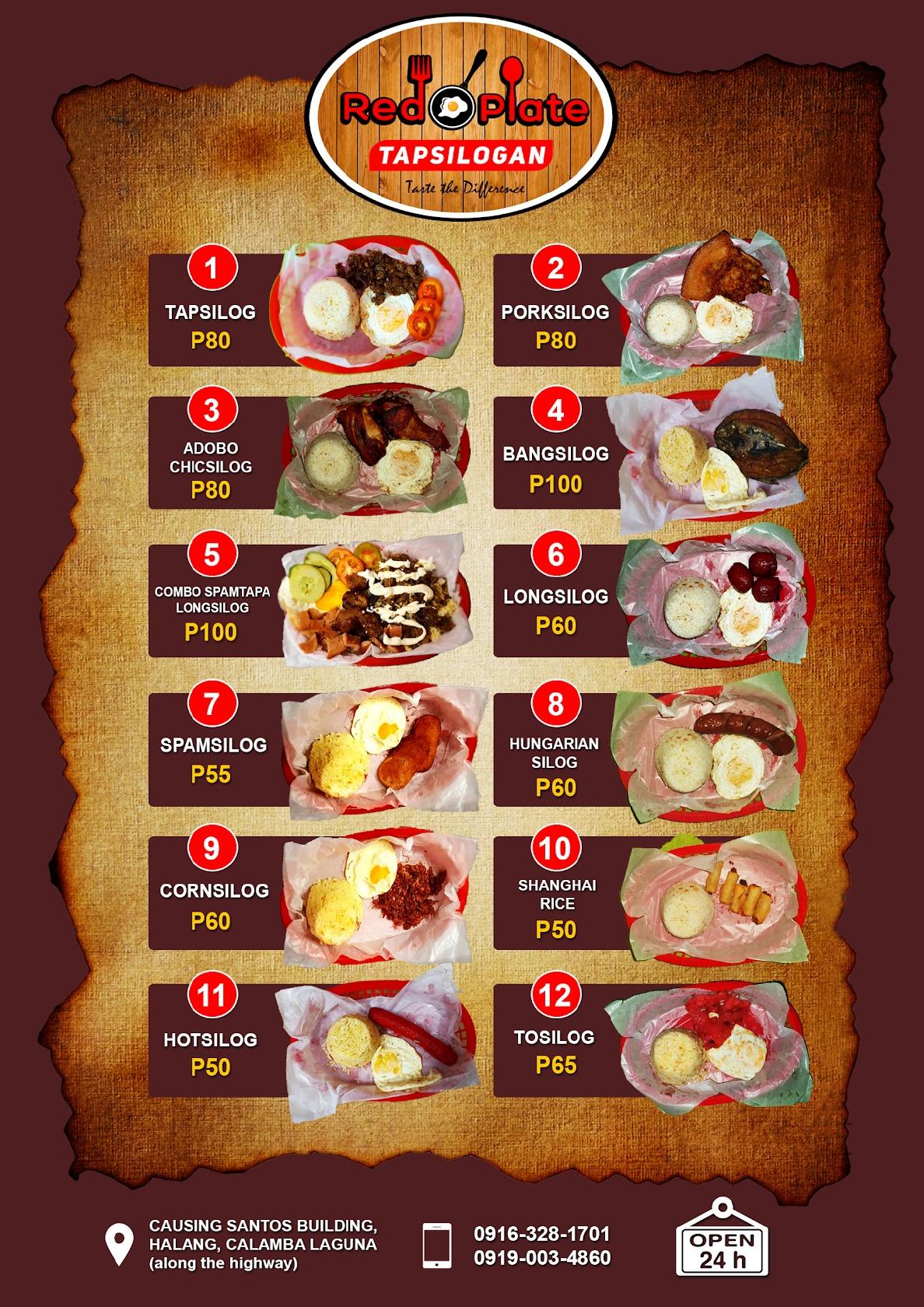 Carta del restaurante Redplate tapsilogan calamba, Calamba