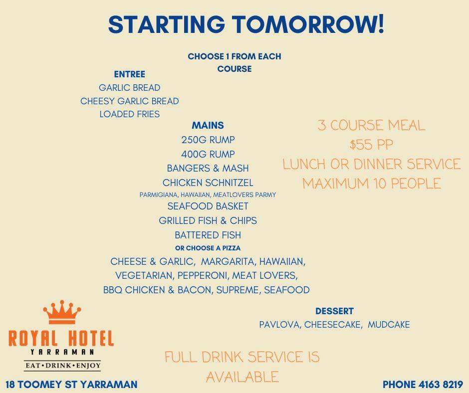 Menu at Royal Hotel pub & bar, Yarraman