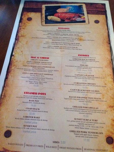 Menu at Sunset Bar and Grill, Wilson