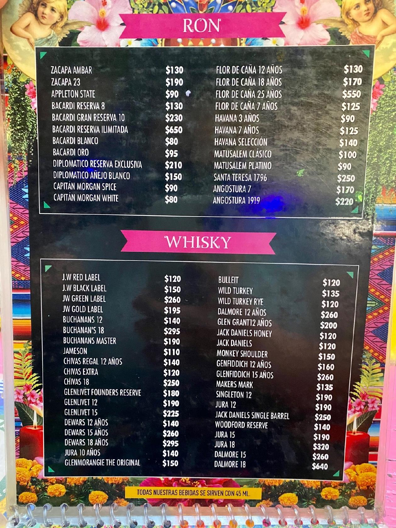 Menu at Comedor de los Milagros restaurant, Mexico City