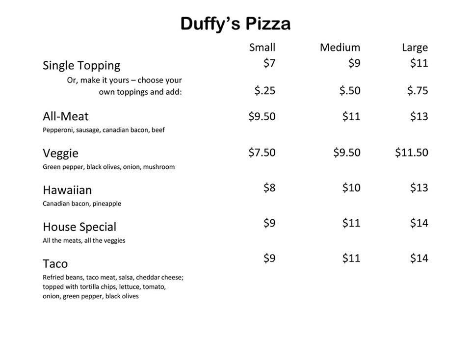 Menu at Duffy's Bar, Hoople