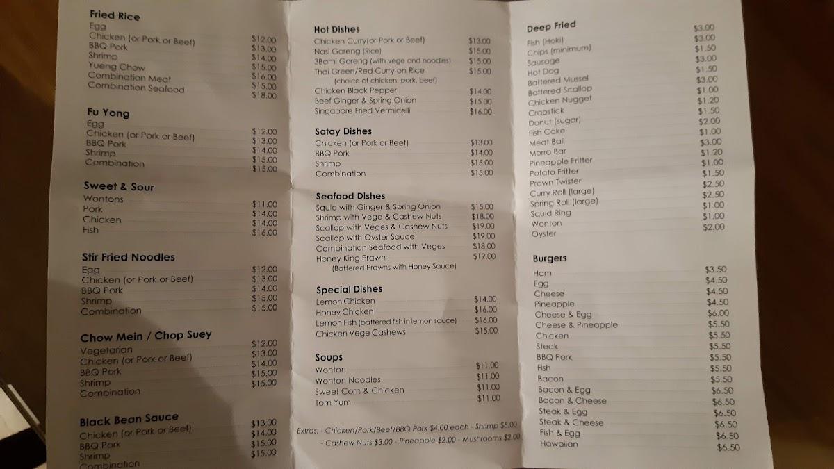 Menu at JK Chinese restaurant, Whakatane