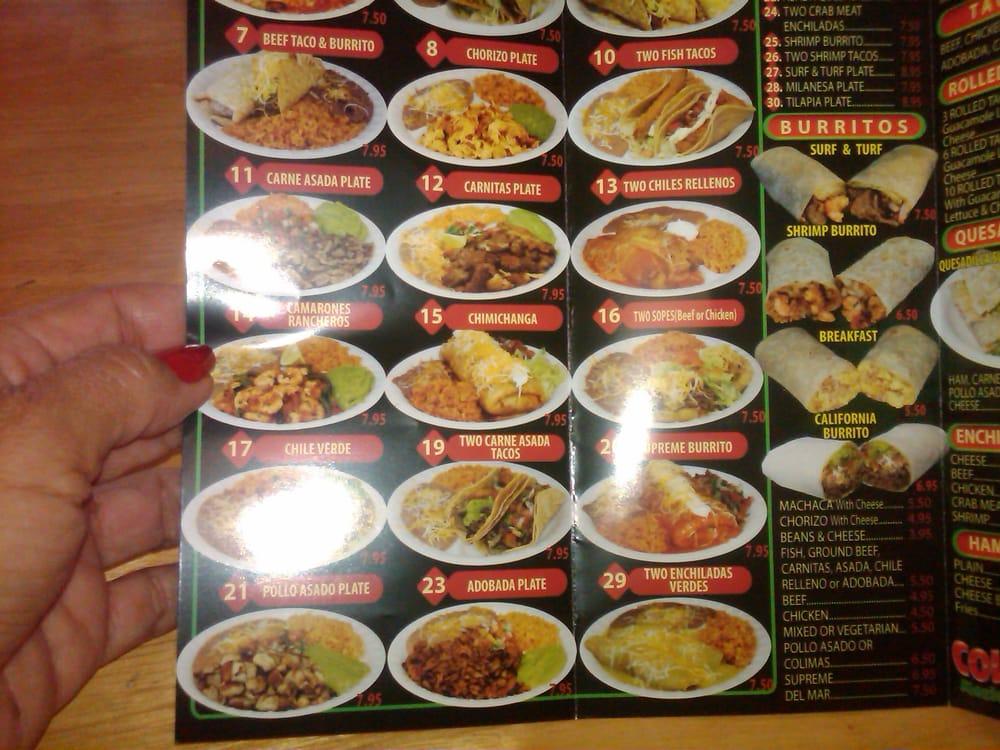 Menu at Colima’s Mexican Food restaurant, Vista, Hacienda Dr
