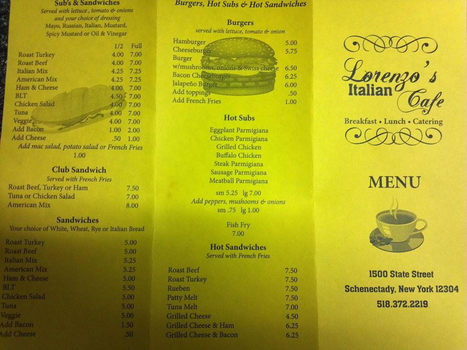 Menu at Lorenzo's Cafe, Schenectady