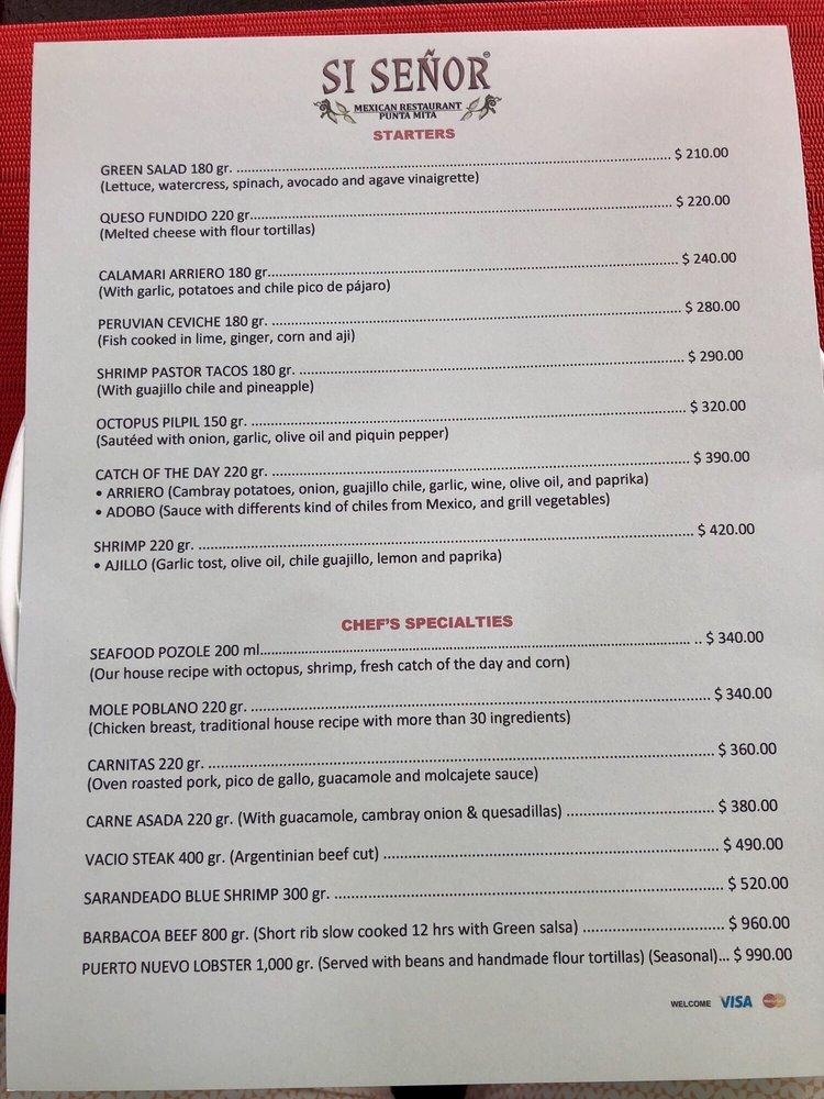 Menu at MINA restaurant, Punta de Mita