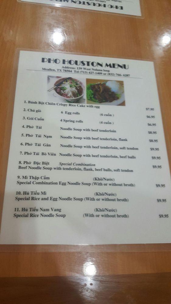Menu at Phở Houston restaurant, McAllen