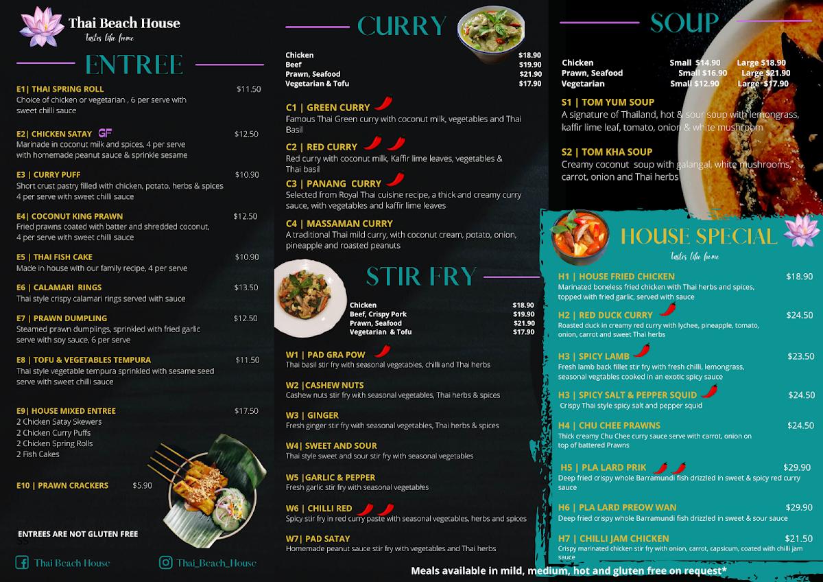 Menu at Thai Beach House restaurant, Dromana