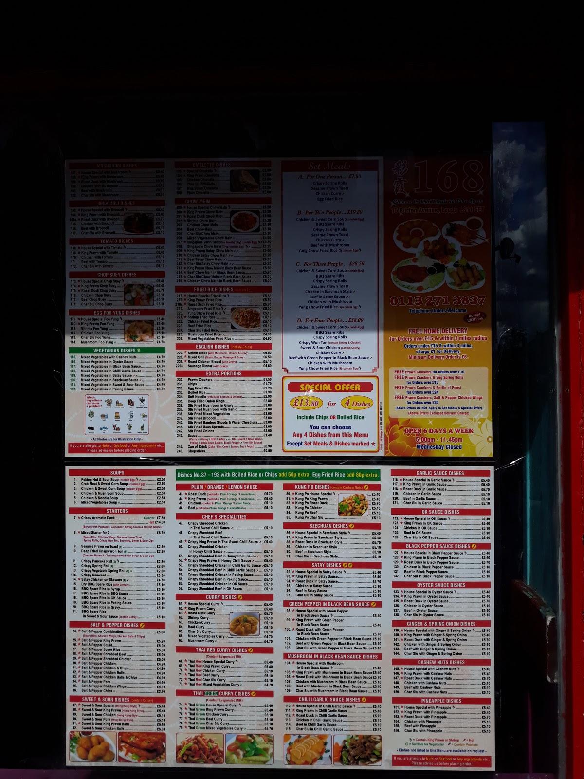 Menu at 168 Chinese fast food, Leeds