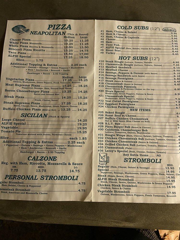 Menu at Alfie's Pizza pizzeria, Lehighton