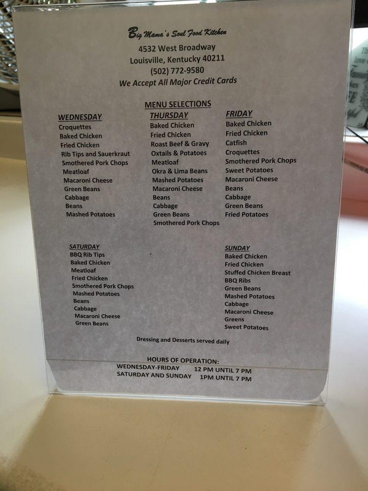 Menu at Big Momma's Soul Kitchen restaurant, Louisville