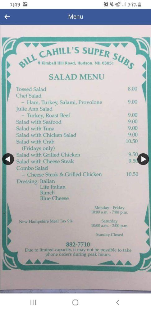 Menu at Bill Cahill's Super Subs restaurant, Hudson