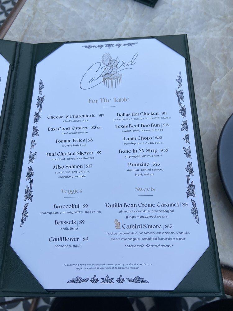 Menu at Catbird restaurant, Dallas