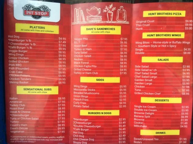 Menu at Country Cafe Pit Stop, Sperryville