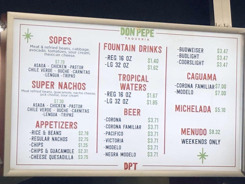 Menu at Don Pepe Taquería pub & bar, Fresno, E Kings Canyon Rd