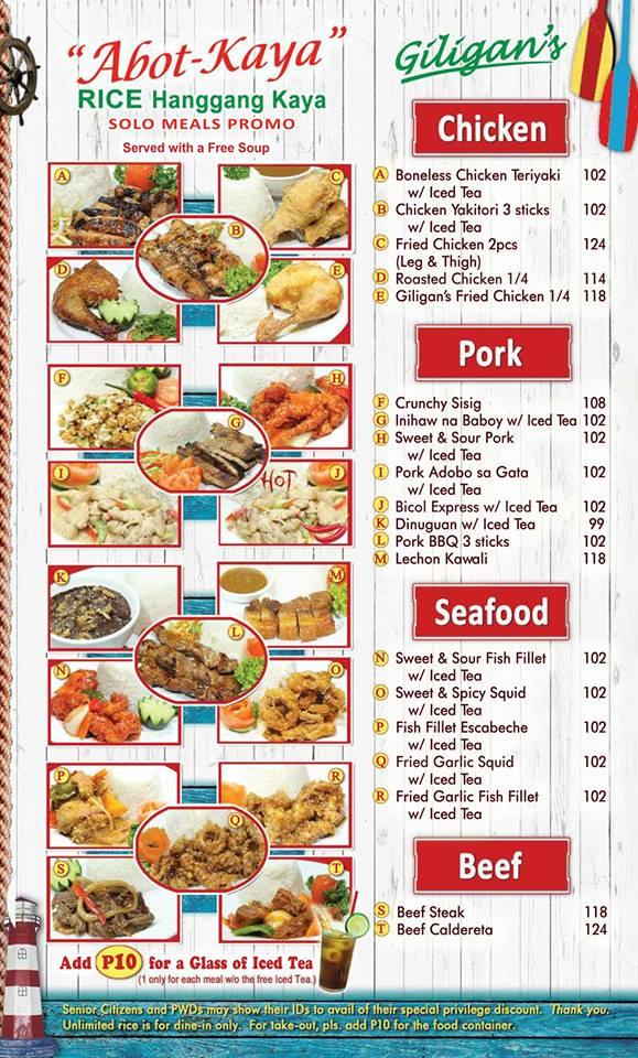Menu at Giligan's restaurant, Caloocan, Holiday Island Bagong Silang ...