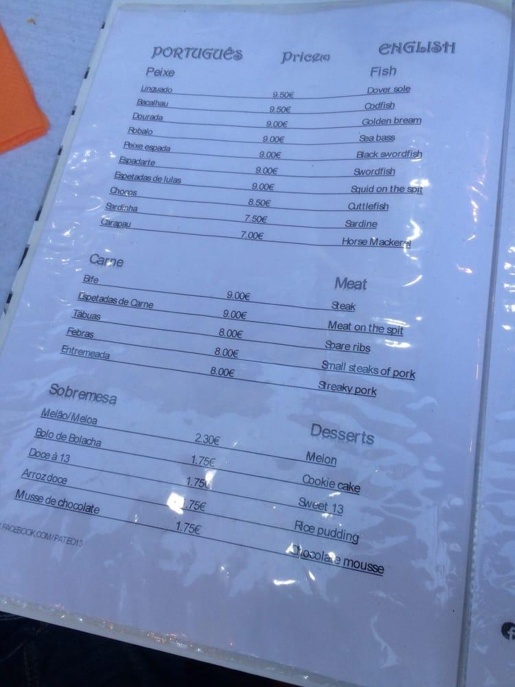 Menu at Pateo 13 restaurant, Lisbon, Calçadinha de Santo Estêvão N°13