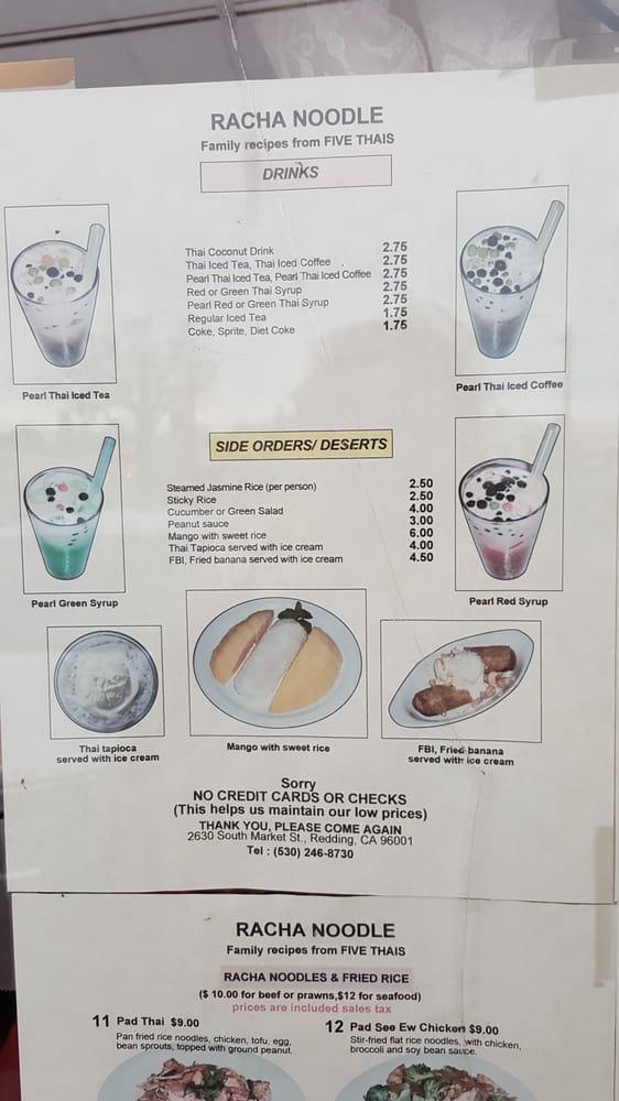 Menu at Racha Noodle restaurant, Redding