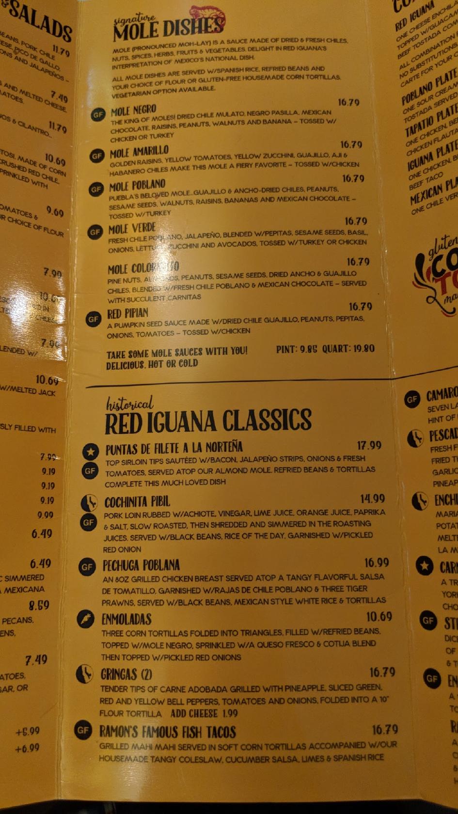 Menu at Red Iguana restaurant, Salt Lake City, 736 W North Temple St