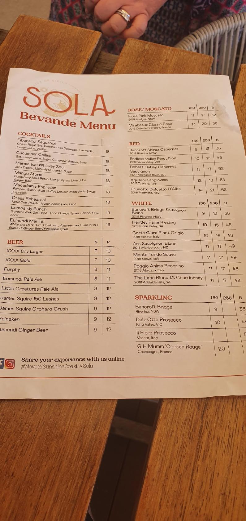 Menu at SOLA pub & bar, Twin Waters