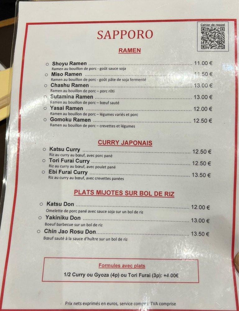 Menu at Sapporo Restaurant, Paris, 276 Rue St Honoré