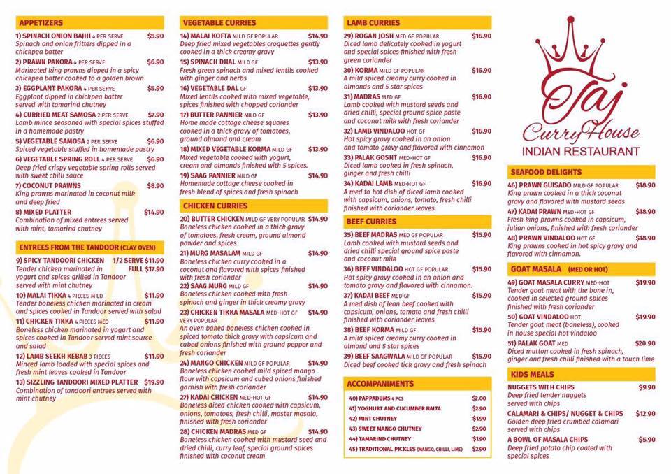 Menu at Taj Curry House Indian Restaurant, Glen Innes