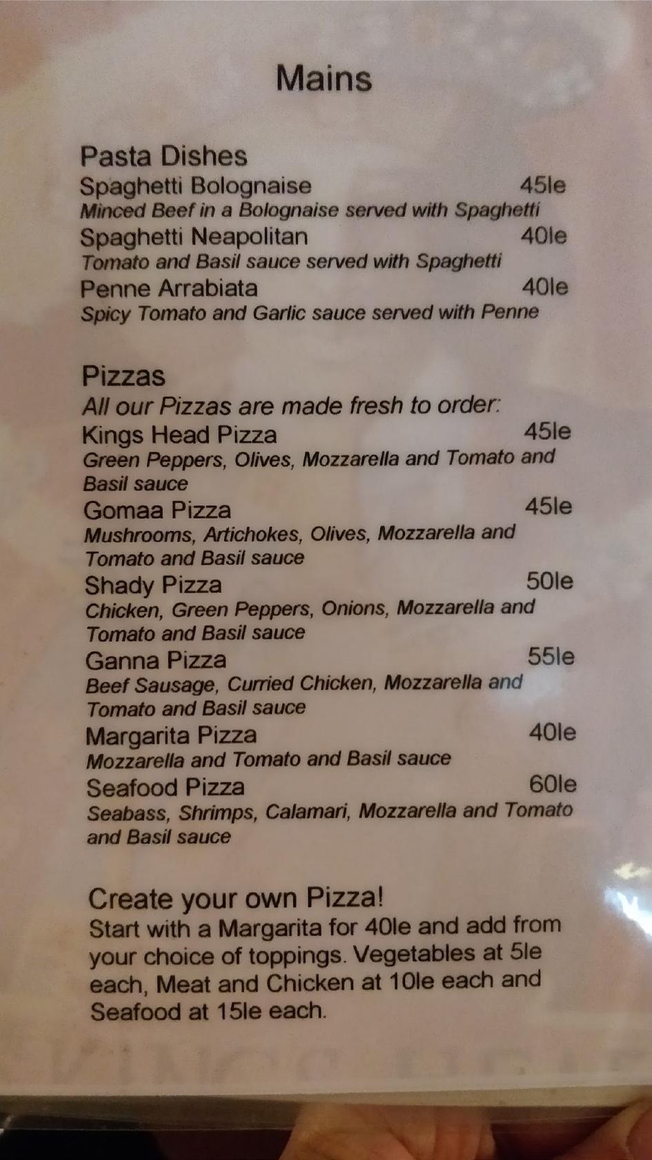 Menu at The King's Head Pub, Luxor