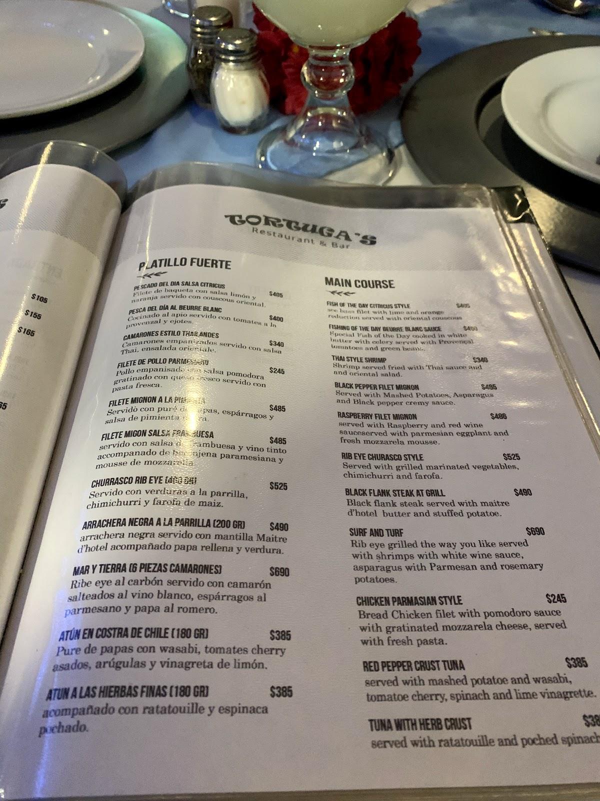 Menu at Tortuga's restaurant, San Carlos