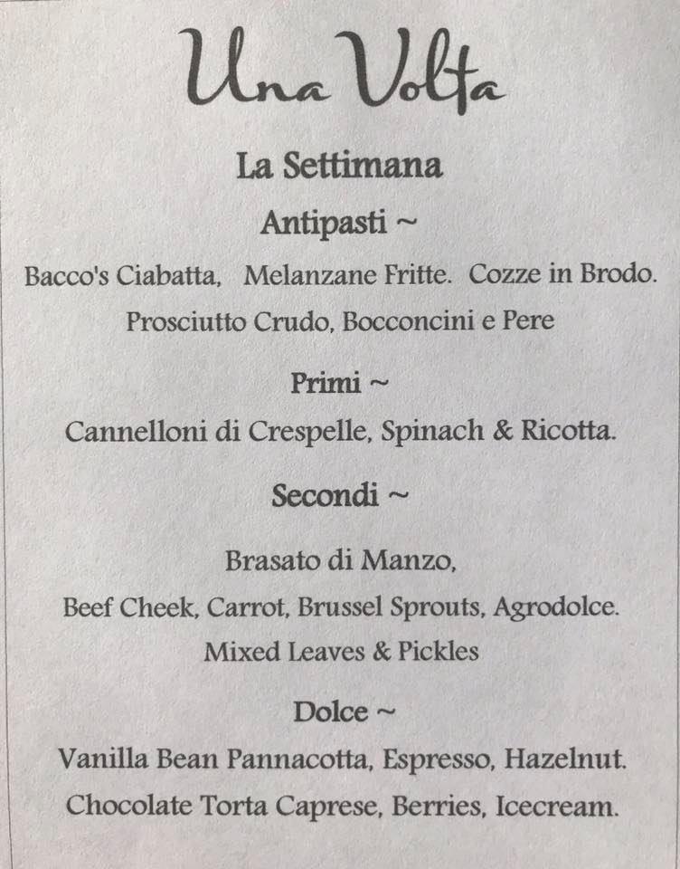 Menu at Una Volta restaurant, Newcastle