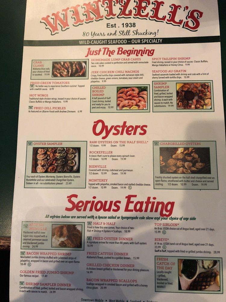 Menu at Wintzell's Oyster House restaurant, Montgomery, 105 Commerce St