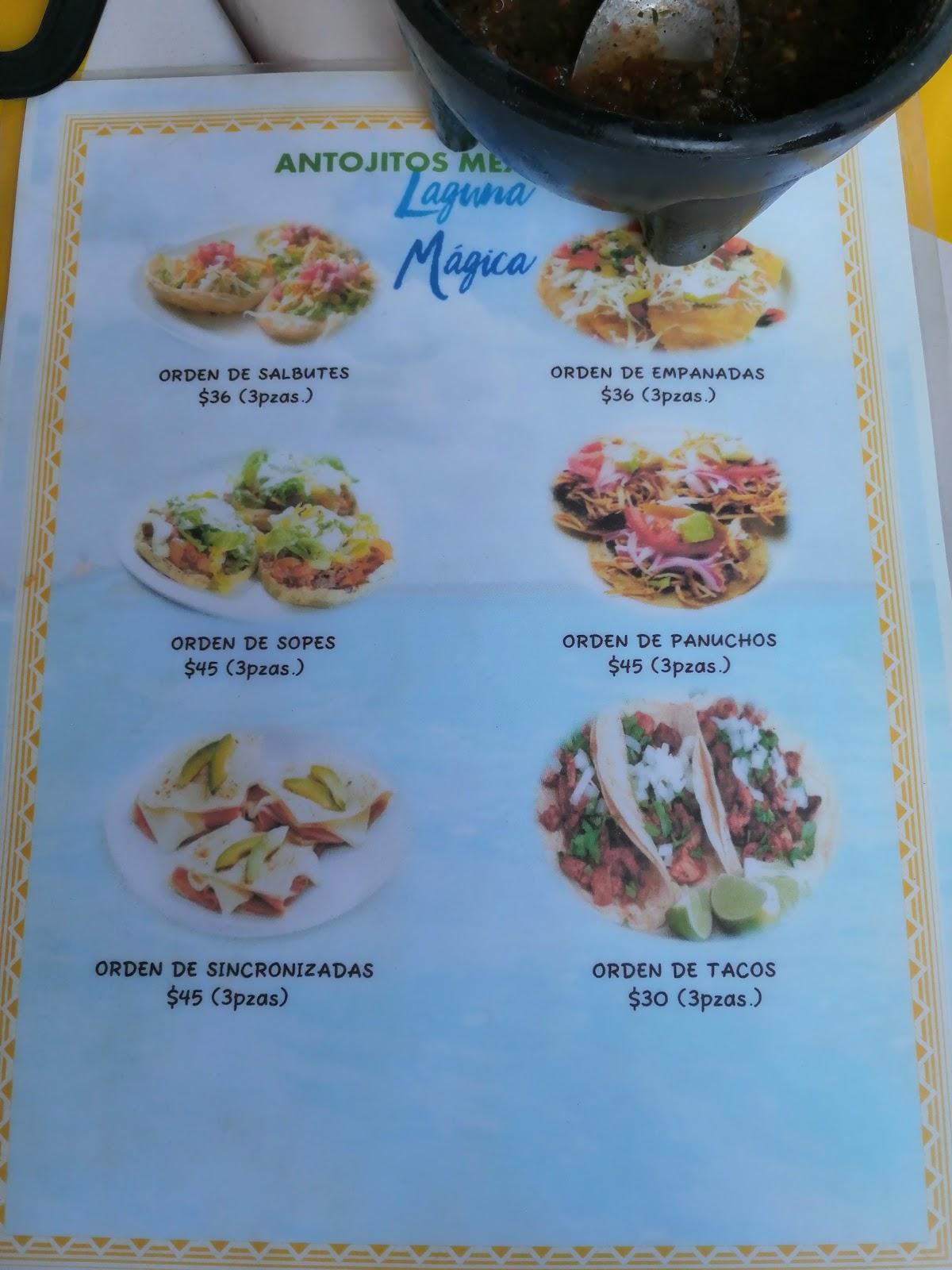Menu at Antojitos Laguna Magica restaurant, Bacalar