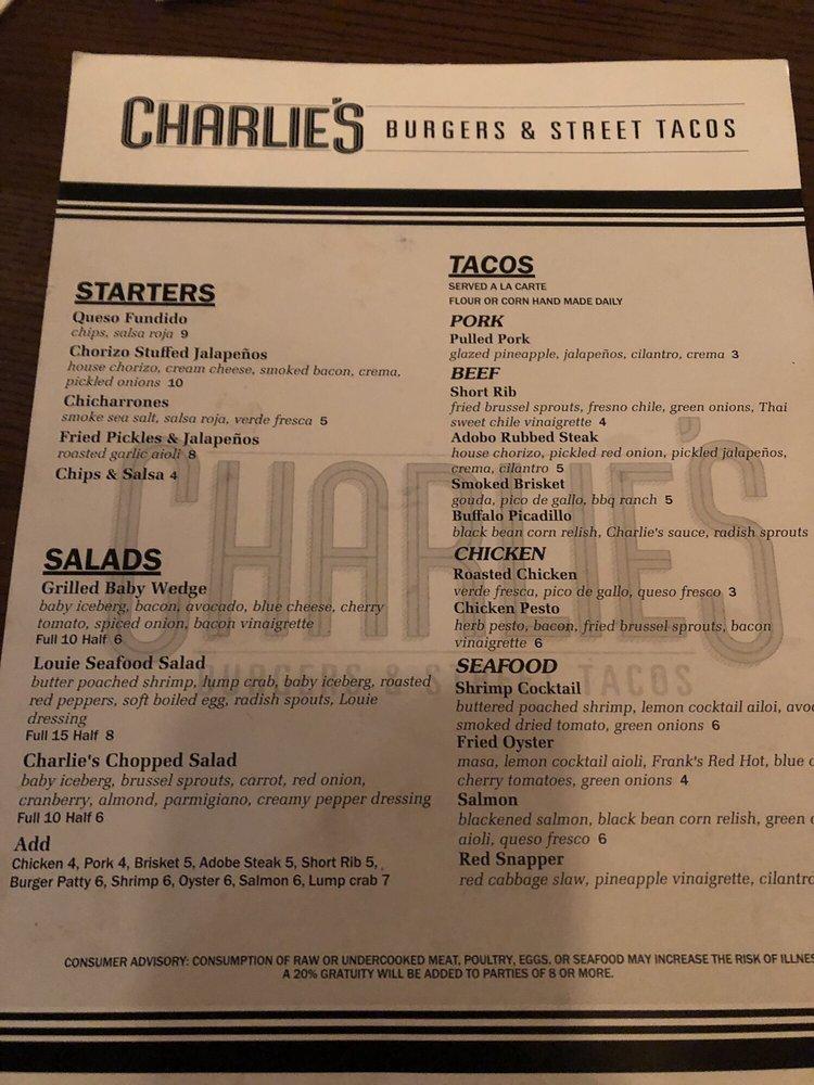 Menu at Charlie's Burgers and Street Tacos restaurant, Rockwall