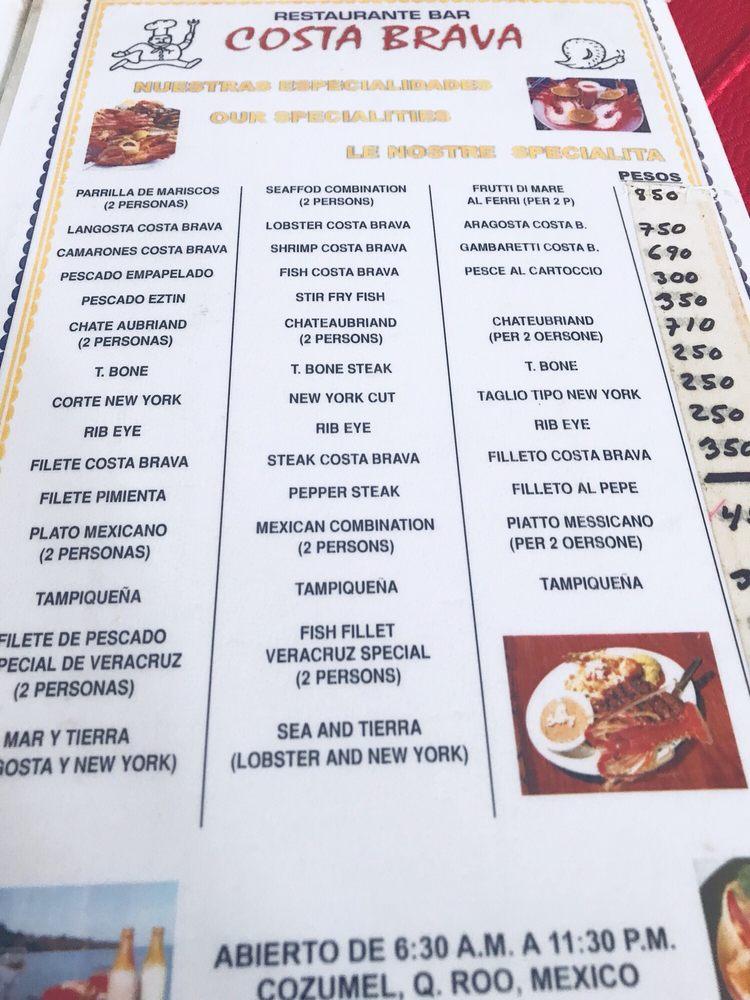 Menu at Costa Brava restaurant, San Miguel de Cozumel