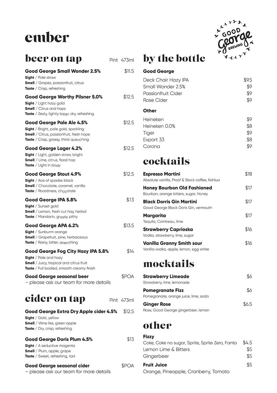 Menu at Ember Bar & Restaurant, New Plymouth