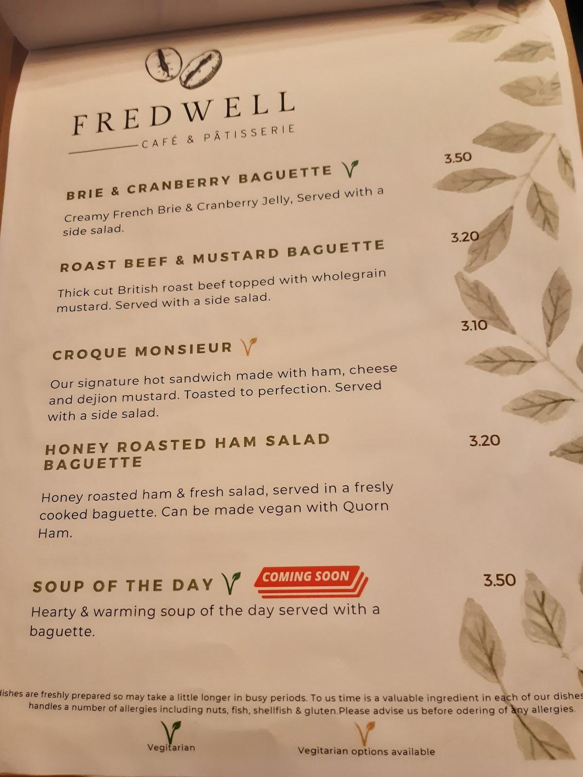 Menu at F cafe, Cowbridge