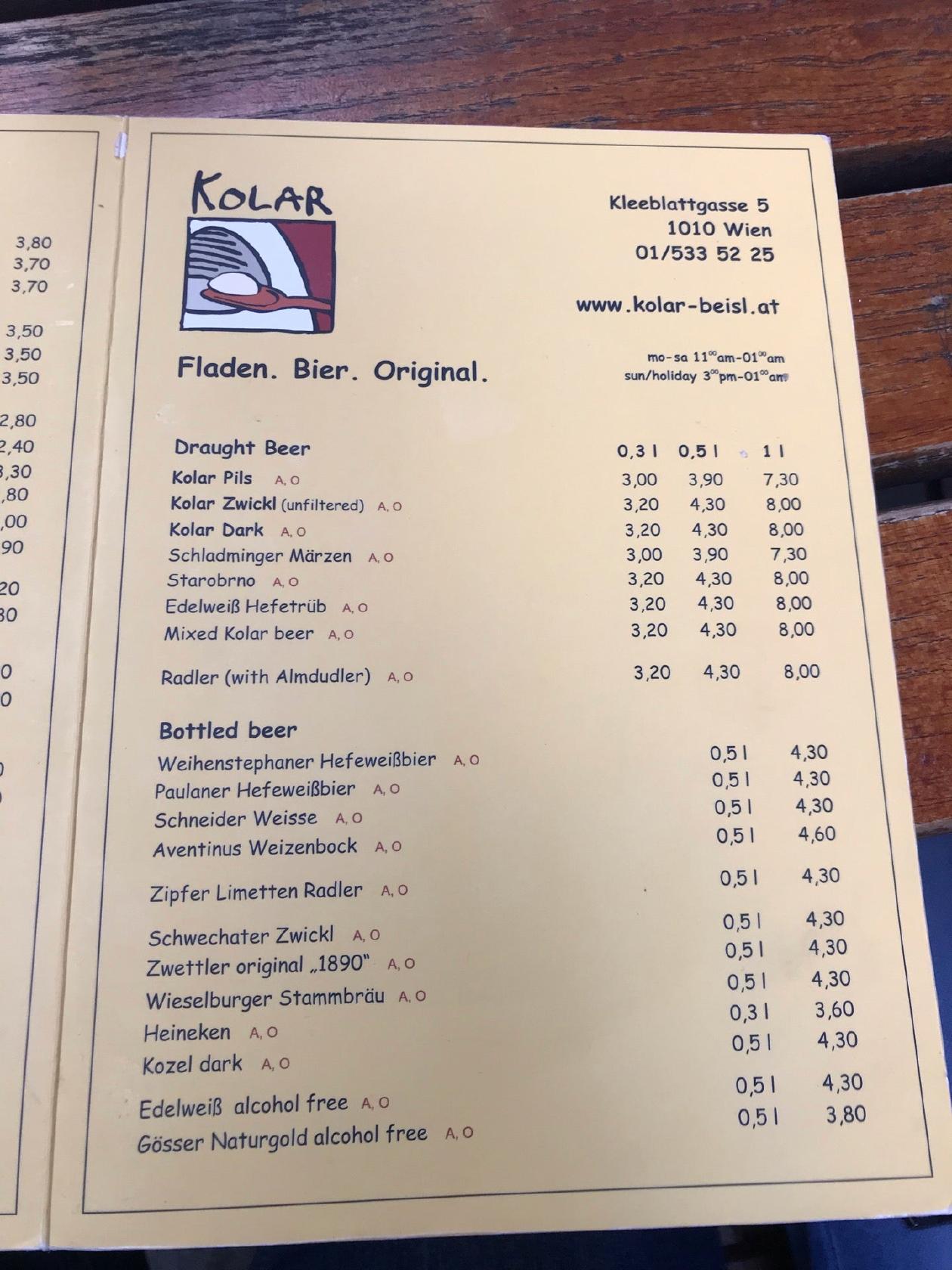 Menu at Kolar Beisl - Kleeblattgasse pub & bar, Vienna, Kleeblattgasse 5