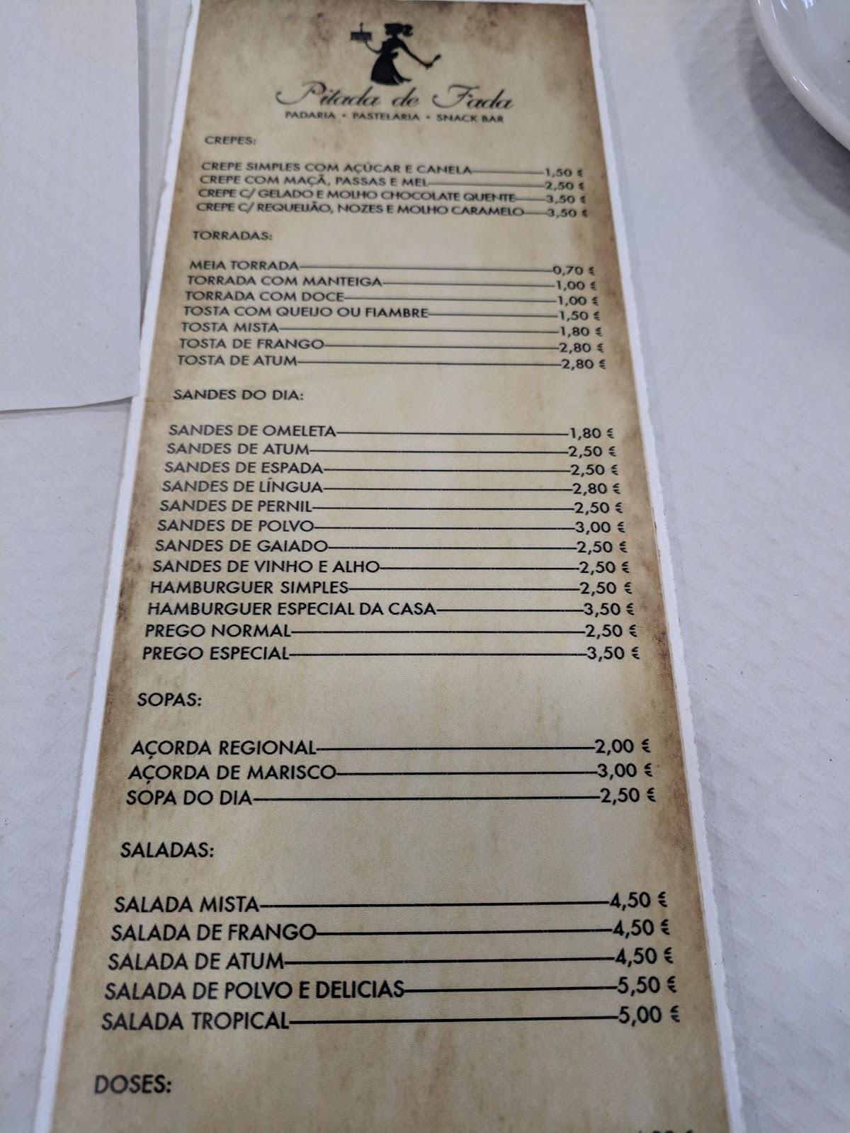 Carta del restaurante PASTELARIA PITADA DE FADA, Caniço