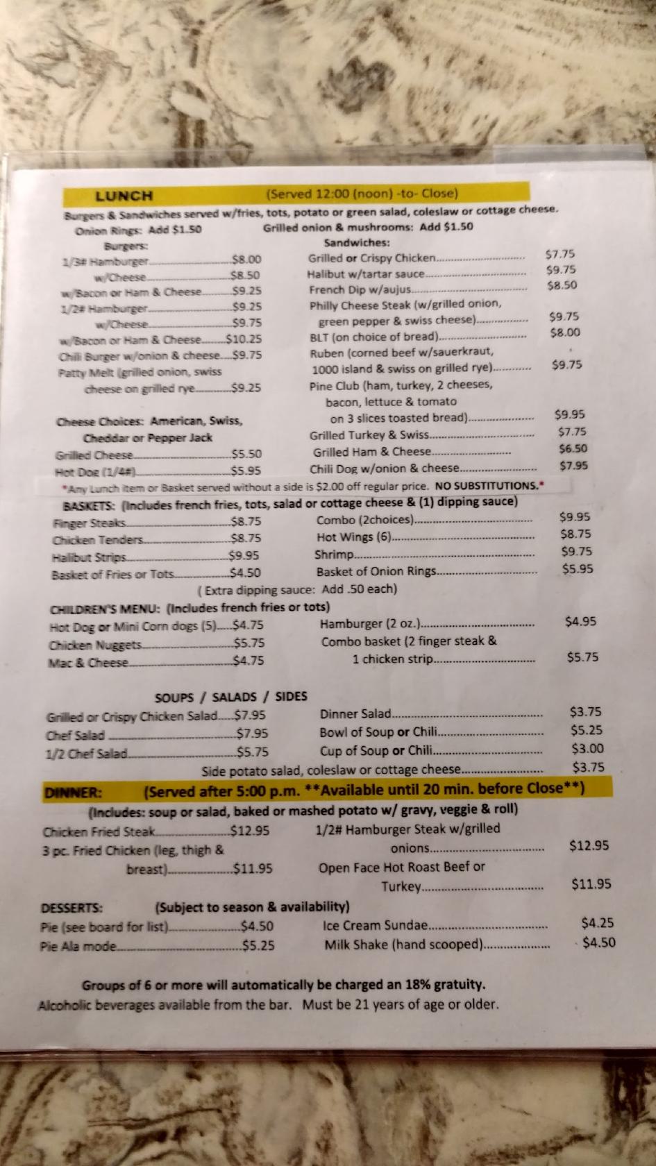 Menu at Pine Cafe, USA