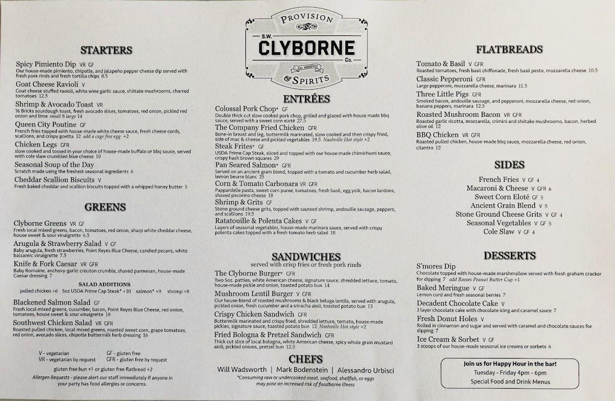 Menu at S.W. Clyborne Co. Provision & Spirits pub & bar, Mason