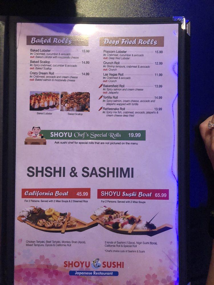 Menu at Shoyu Sushi Japanese Restaurant, Bakersfield, Mount Vernon Ave