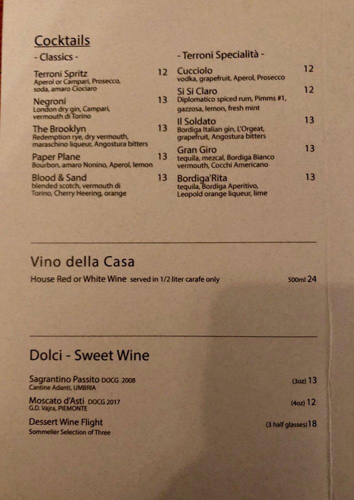 Menu at Terroni pizzeria, Los Angeles, Beverly Blvd