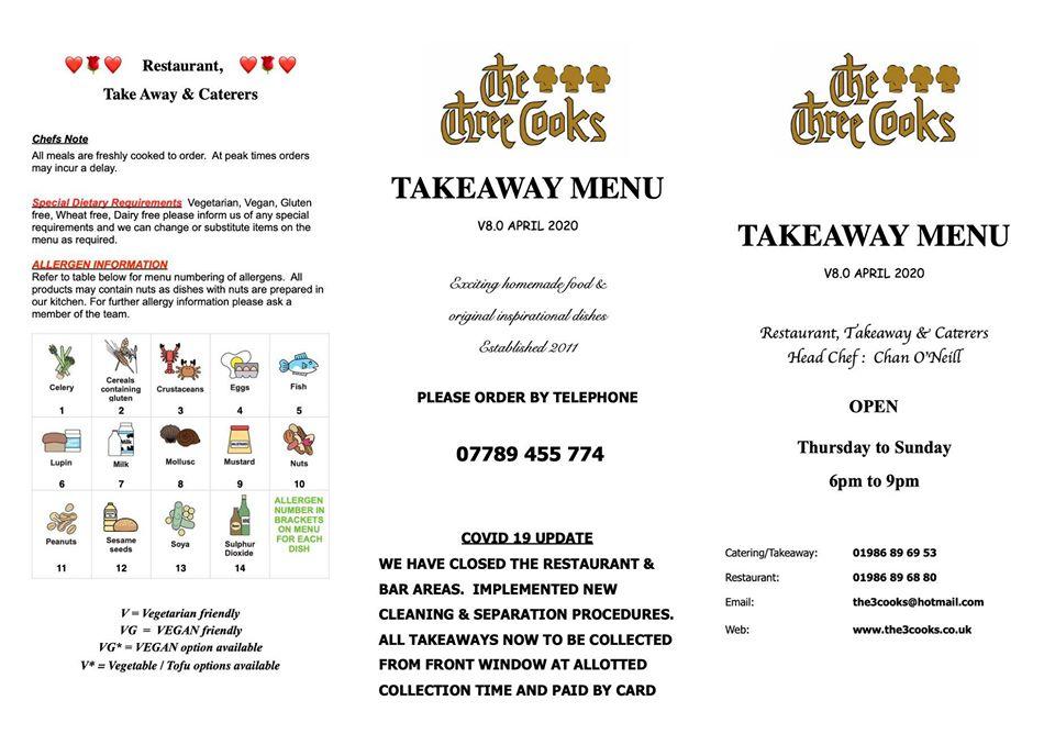 Menu at The Three Cooks restaurant, Bungay