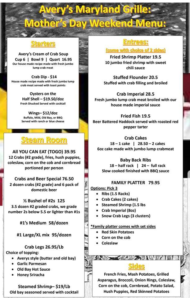 Menu at Avery's Maryland Grille pub & bar, Frederick