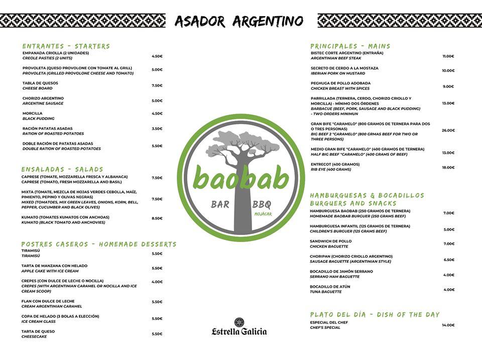 Menu at Baobab restaurant, Mojácar, P.º del Mediterráneo