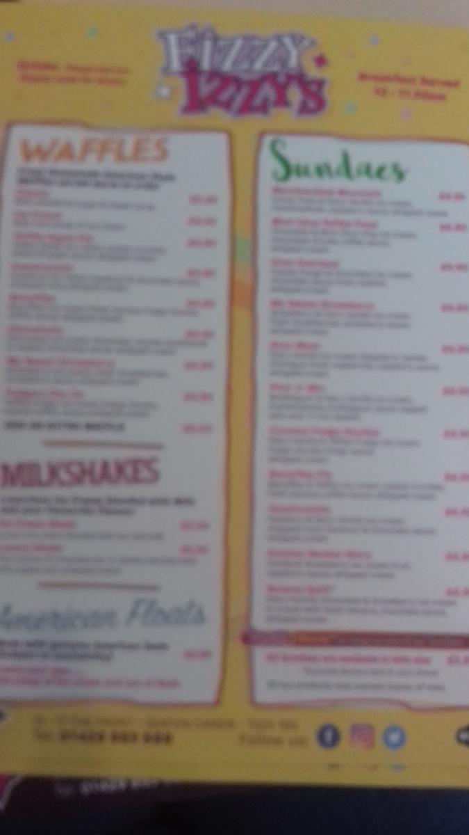 Menu at Fizzy Izzy's restaurant, Hartlepool