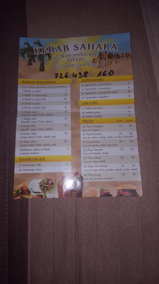 Menu at Kebab SAHARA cafe, Zabrze